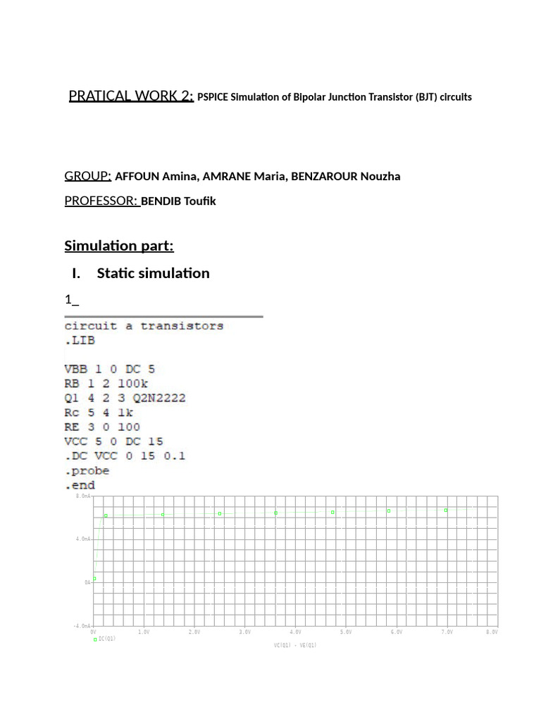 Pratical Work 2:: Simulation Part: I. Static Simulation | PDF