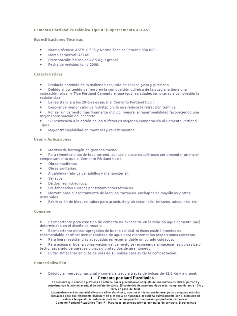 Cemento Pórtland Puzolánico Tipo IP | PDF | Cemento | Hormigón