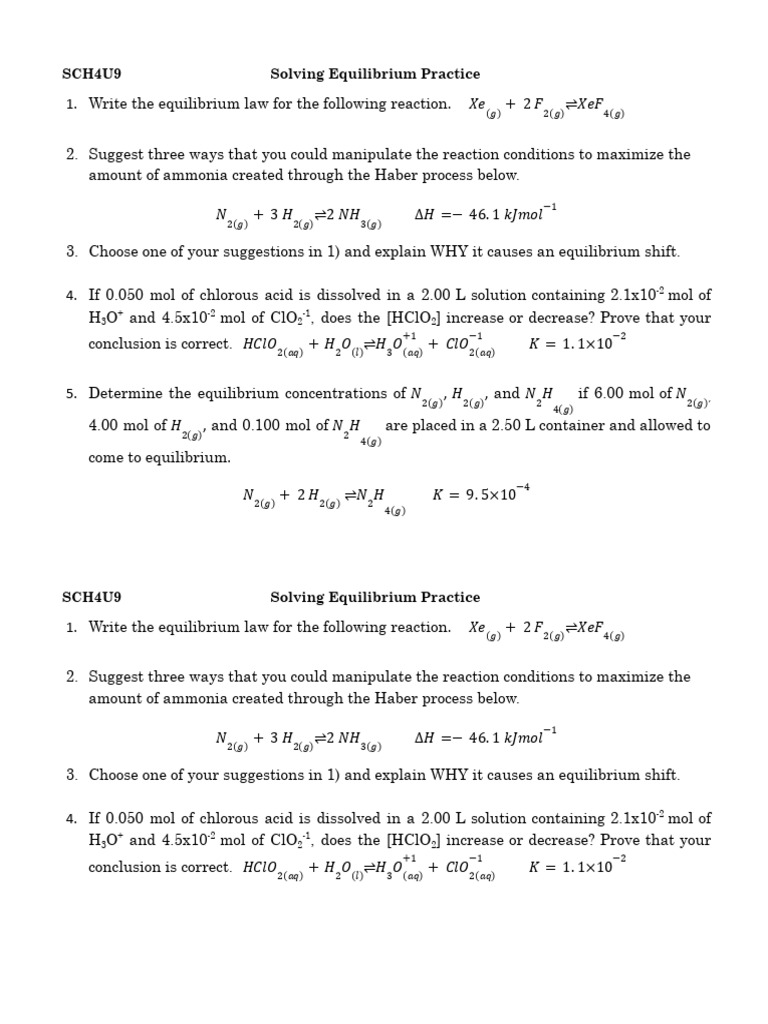 SCH4U9 - 3 - Worksheet 3 Solving Equilibrium Practice | PDF