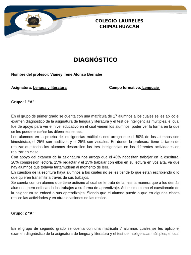 DIAGNÓSTICO DE ESPAÑOL | PDF