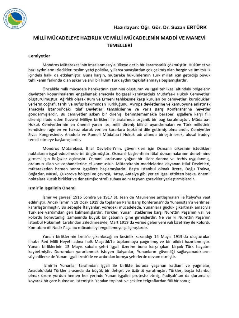 Milli Mücadeleye Hazirlik Ve Milli Mücadelenin Maddi Ve Manevi Temelleri | PDF