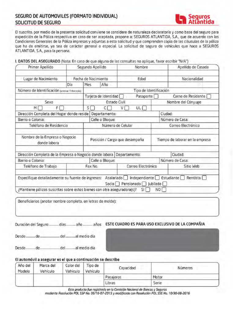 Solicitud de Seguro de Automoviles Formato Individual Opt | PDF