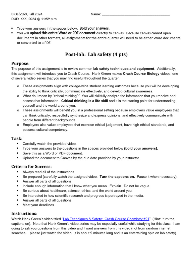 BIOL&160 F2F Fall 2024 Postlab Questions Lab Safety Due XXX | PDF