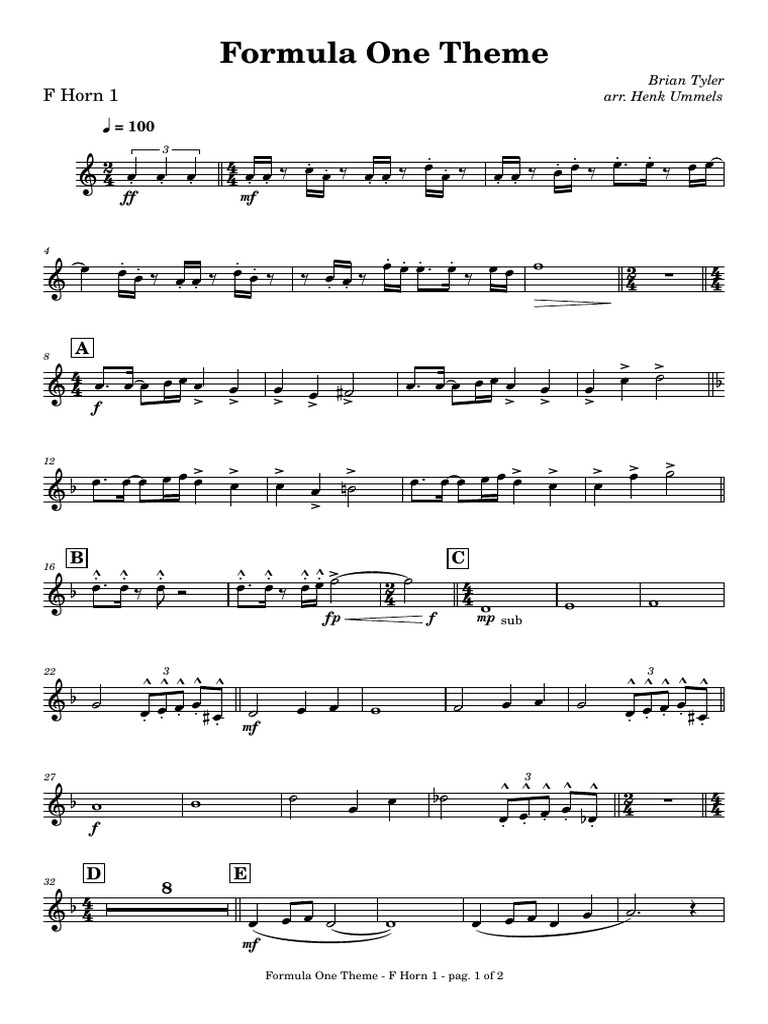 Formula One Theme for F Horn 1 | PDF
