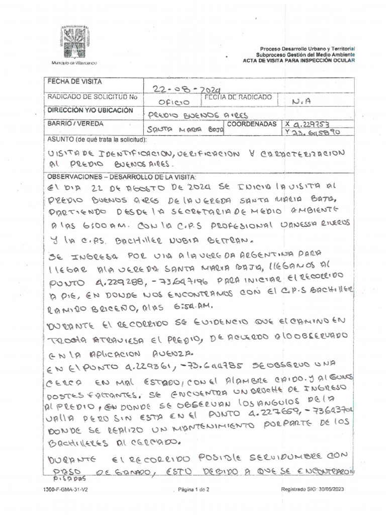 Acta de Visita Ocular Predio Buenos Aires Vereda Sta María Baja | PDF