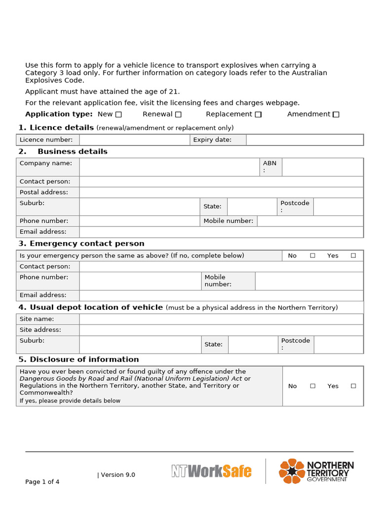 Application For A Vehicle Licence To Transport Explosives | PDF