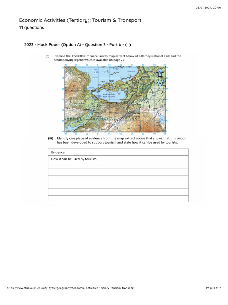 Economic Activities (Tertiary): Tourism & Transport | Junior Cycle Geography | Studyclix | PDF