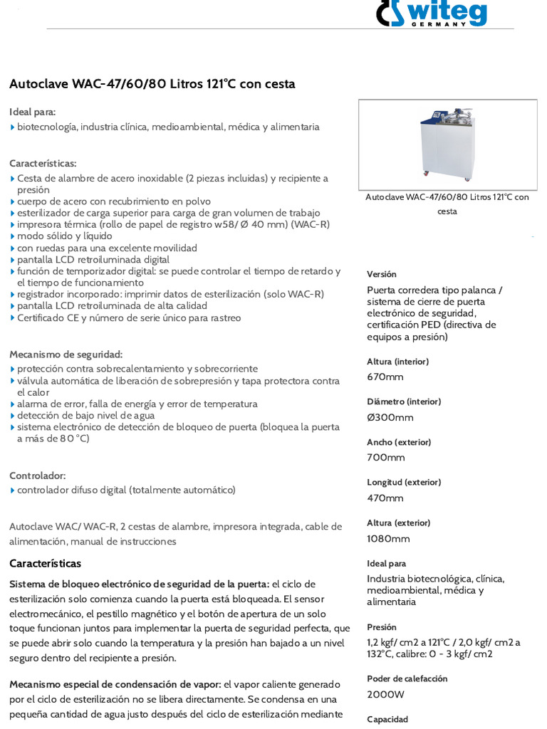 Autoclave WAC-47 - 60 - 80 Liter 121°C With Basket - Witeg Labortechnik ...