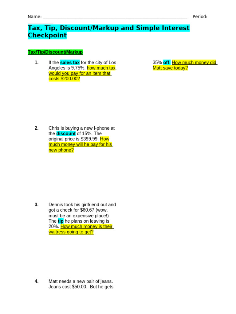 Tax, Tip, Discount and Simple Interest Checkpoint 2024 | PDF | Interest ...