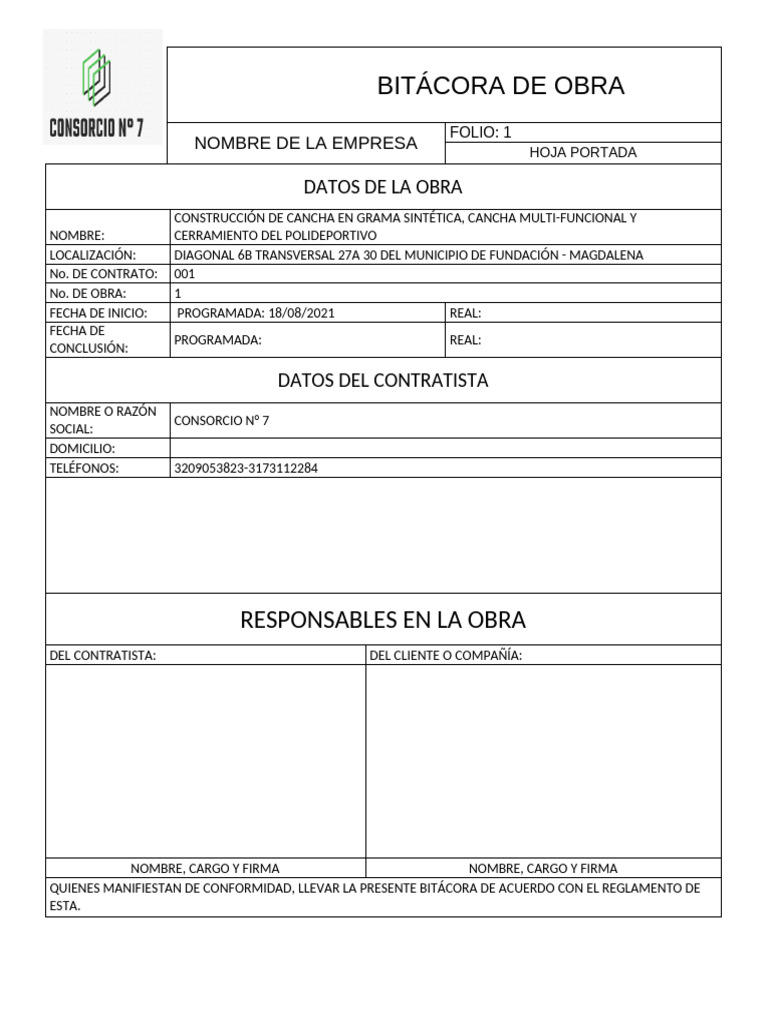 Formato-De-Bitácora-De-Obra Contrato 001 | PDF