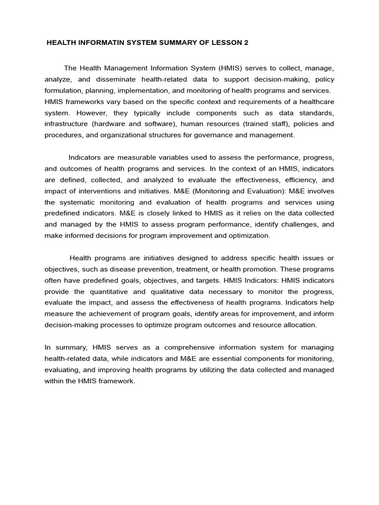 Health Informatin System Summary of Lesson 2 | PDF