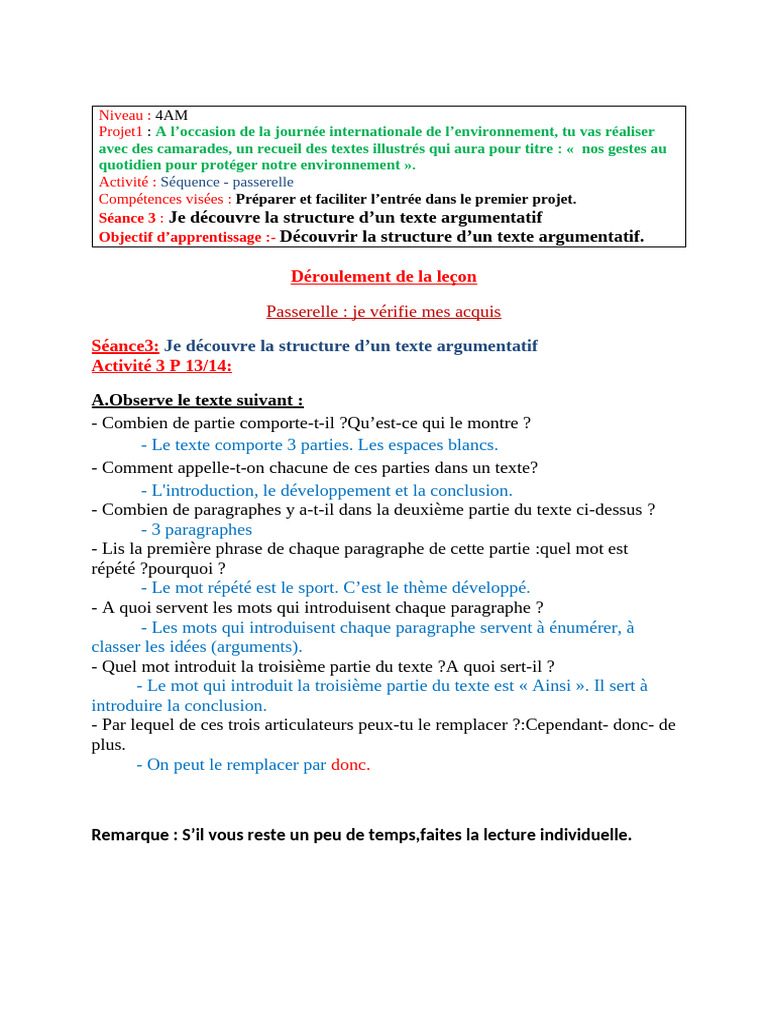 Seance 3 de La Sequence-Passerelle - P1 - 4AM Je Découvre La Structure D'un Texte Argumentatif ...