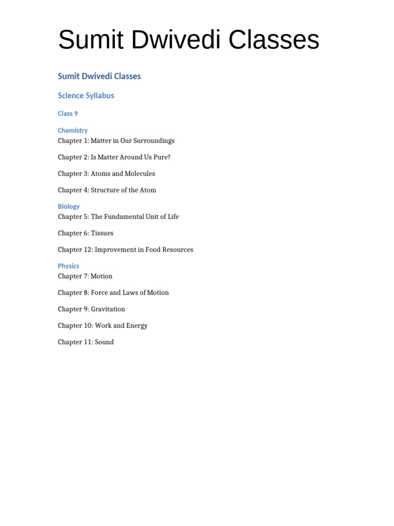 Class 9 Science Syllabus Sumit Dwivedi Classes | PDF