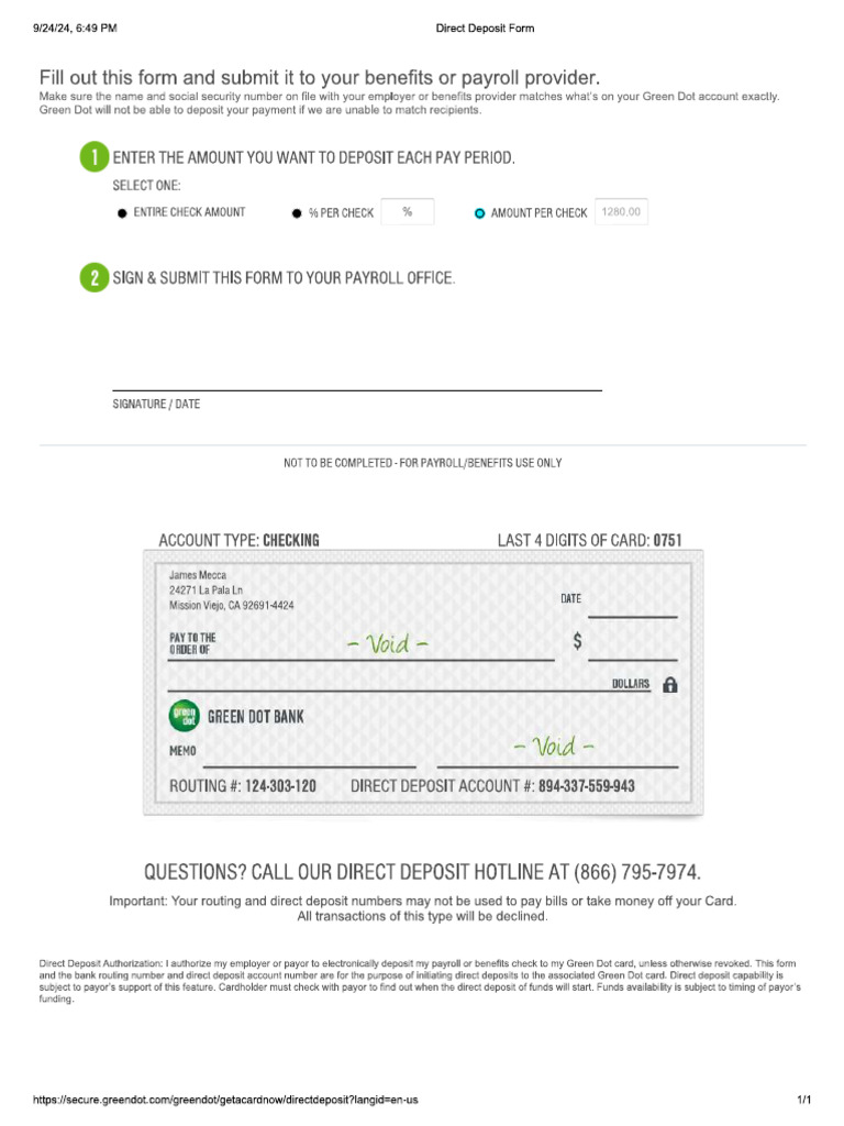 Payroll Direct Deposit To Greendot | PDF