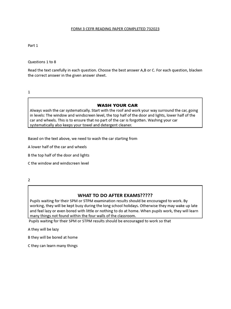 FORM 3 READING PAPER Set3 | PDF