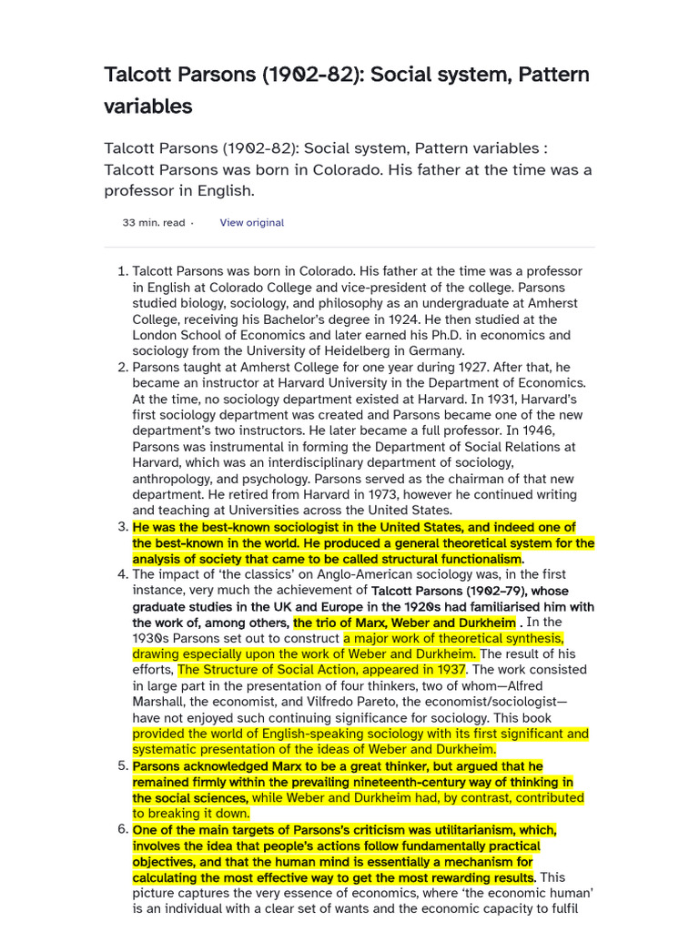 Talcott Parsons (1902-82) - Social System, Pattern Variables | PDF