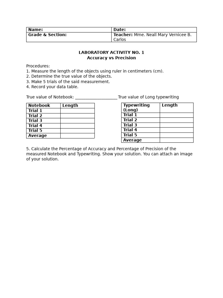 Laboratory Activity 1 Accuracy and Precision | PDF