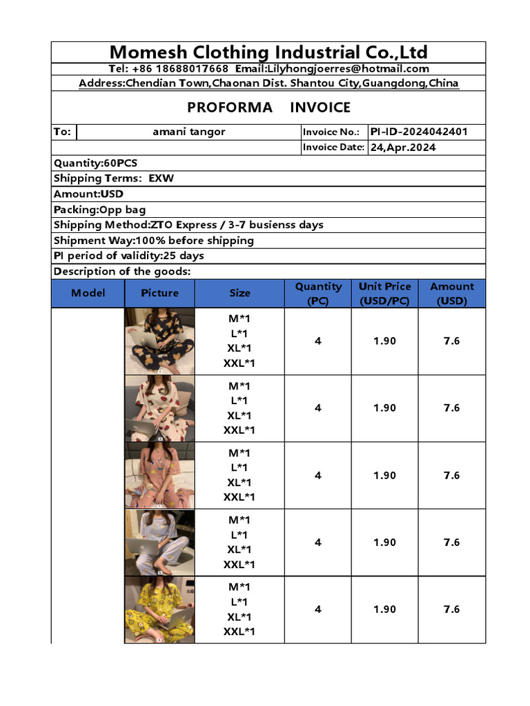 Momesh Clothing Industrial Co.,Ltd: Proforma Invoice | PDF