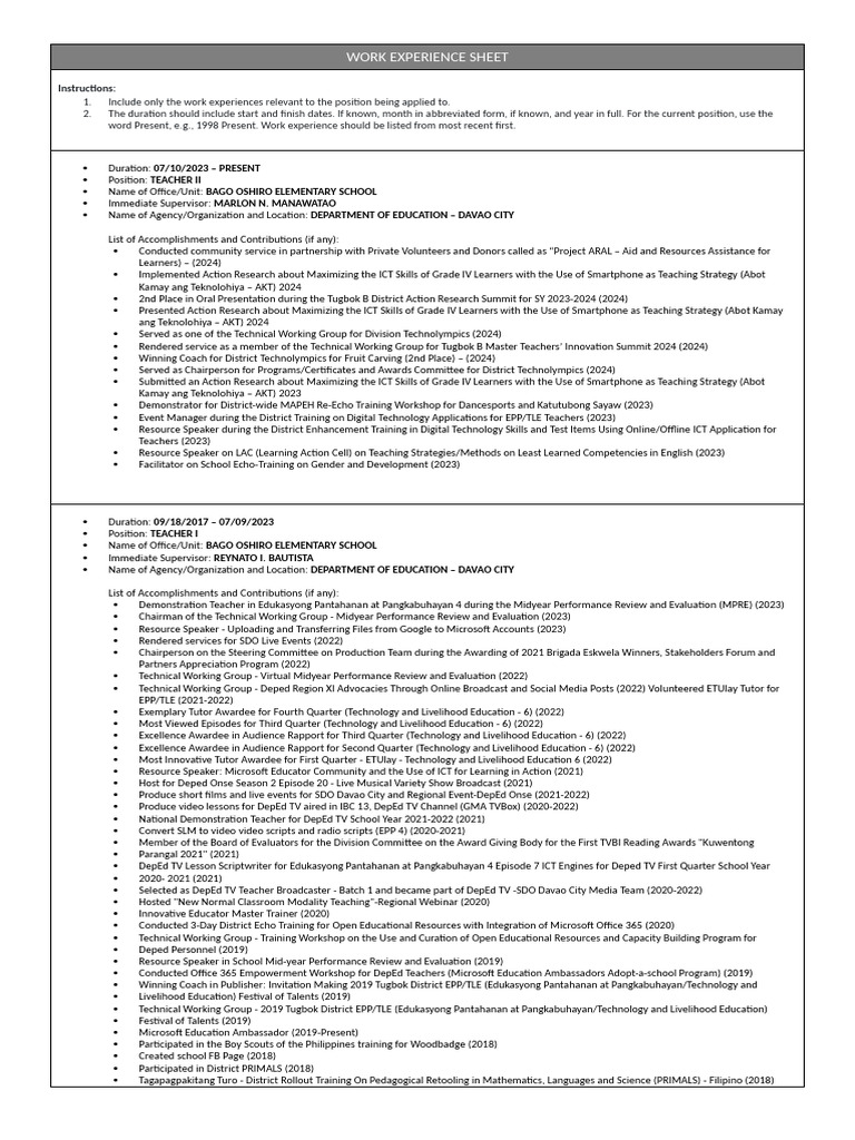 Work Experience Sheet | PDF