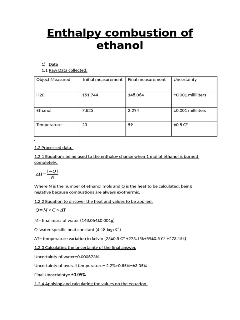 Enthalpy Combustion of Etanol | PDF