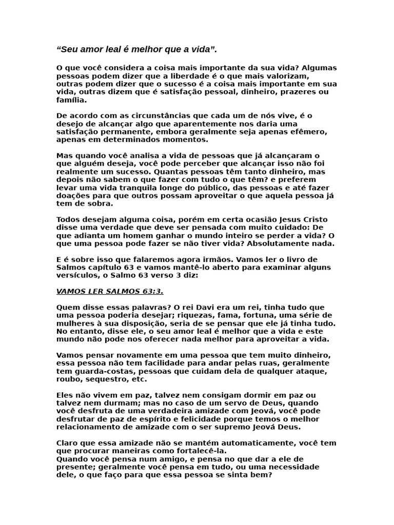 "Seu Amor Leal É Melhor Que A Vida".: Vamos Ler Salmos 63:3 | PDF