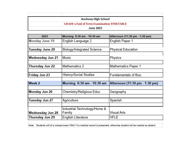 End of YEAR Internal Exams - June 2023 - Grade 9 Timetable | PDF