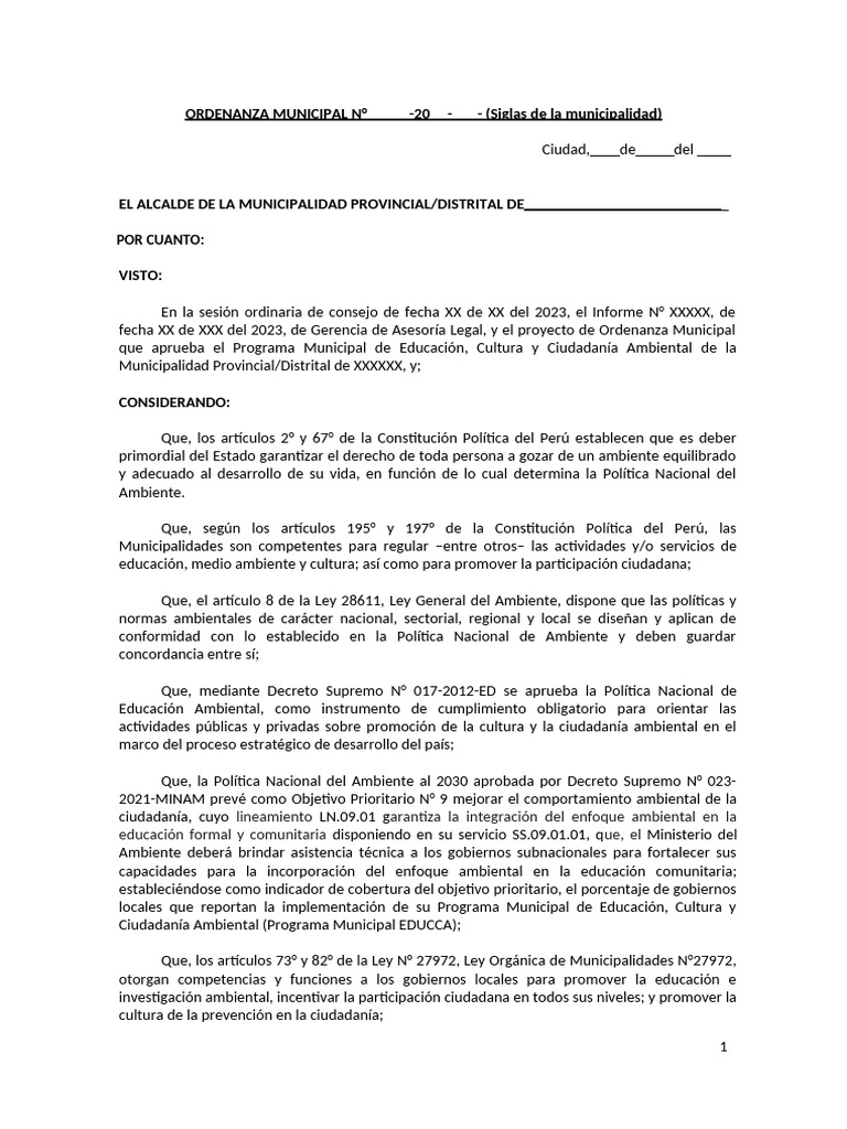 Modelo de Ordenanza - PME (MUNI TIPO A, B, C, D, E) | PDF