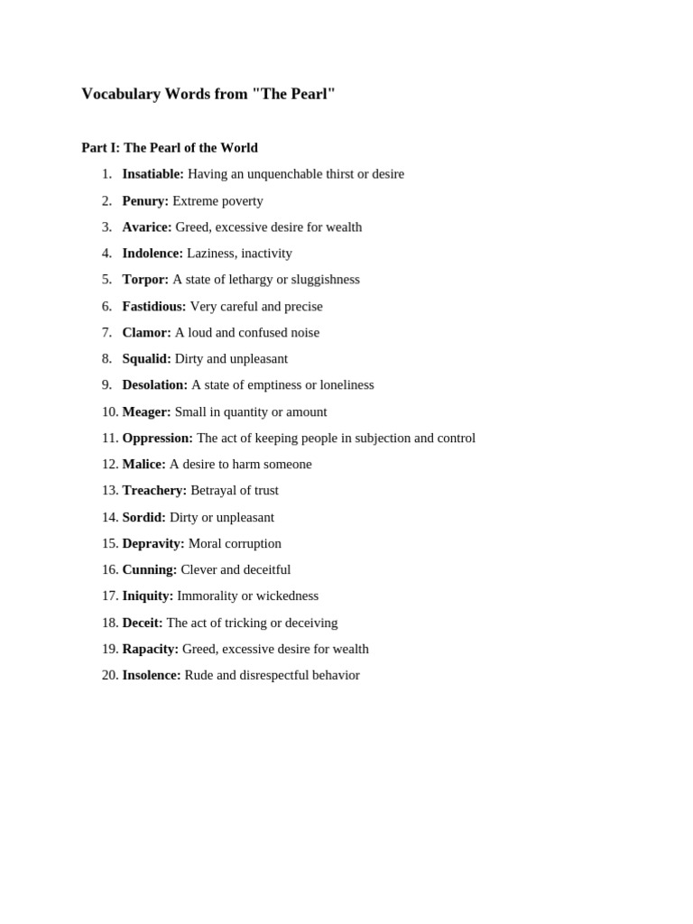 Vocabulary Words from The Pearl | PDF