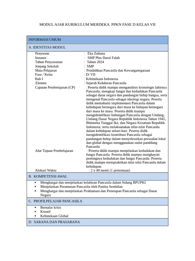 Modul Ajar Kurikulum Merdeka PPKN Fase D Kelas Vii | PDF
