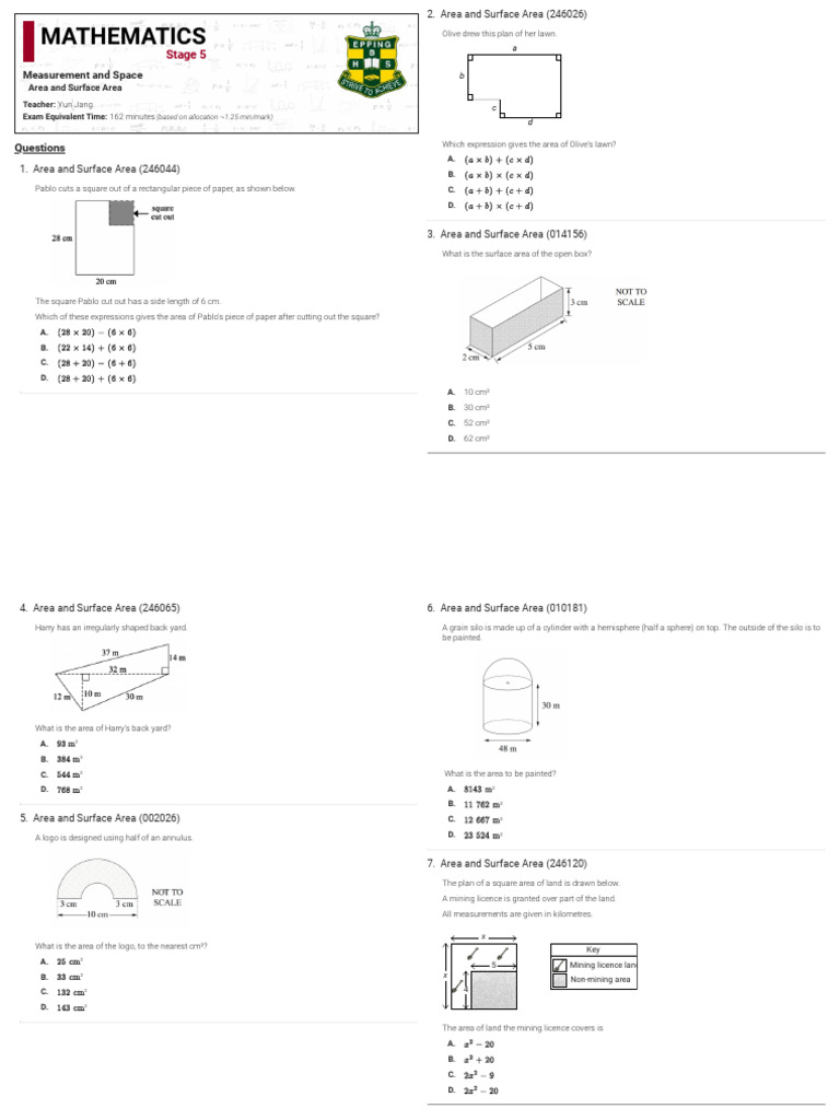 4. Area and Surface Area Practice Paper | PDF | Area | Length