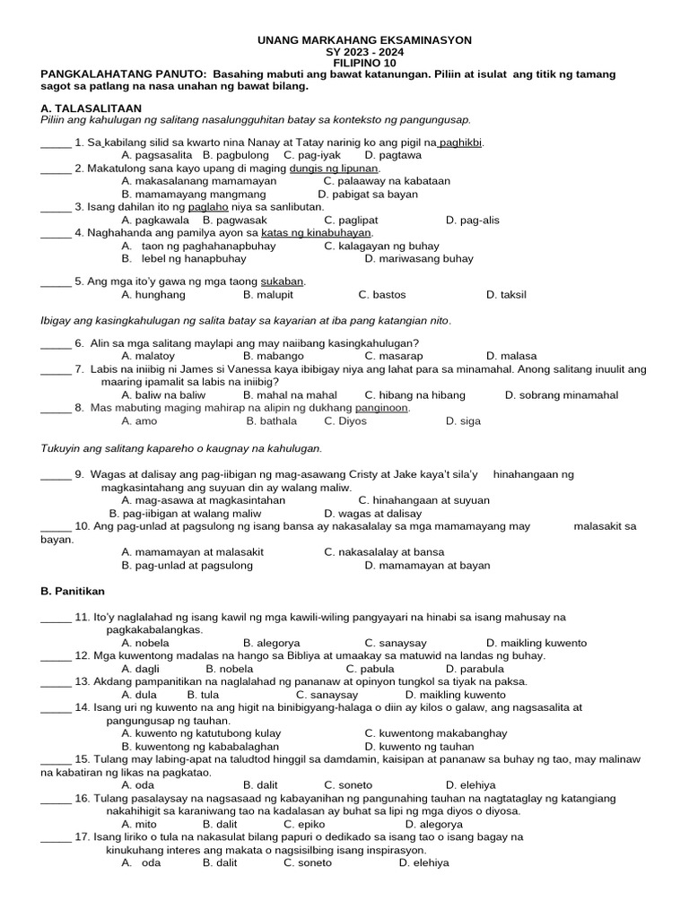 FILIPINO-10-UNANG-MARKAHAN To Print | PDF
