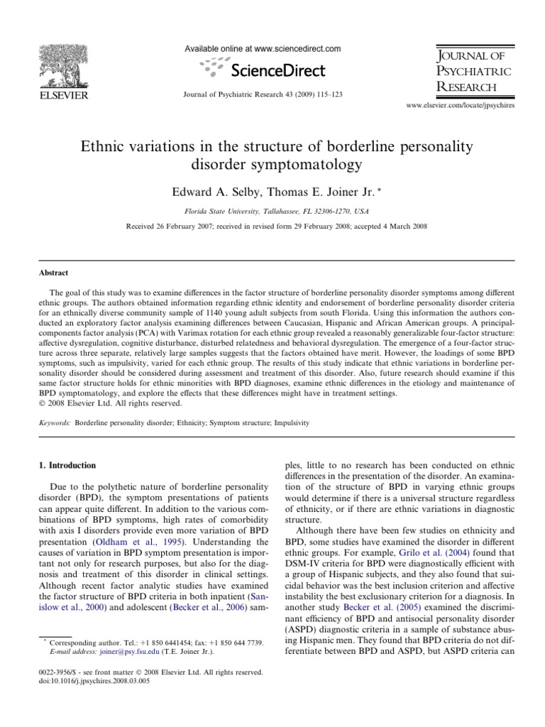 Ethnic Variations in The Structure of Borderline Personality Disorder ...