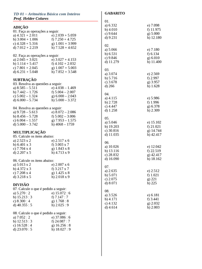 TD 01 - Aritmética Basica Com Inteiros | PDF