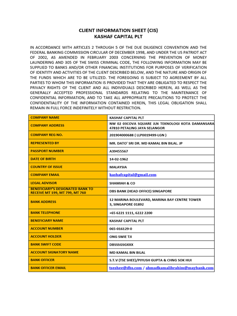 Client Information Sheet (Cis) - Kashaf Capital PLT | PDF