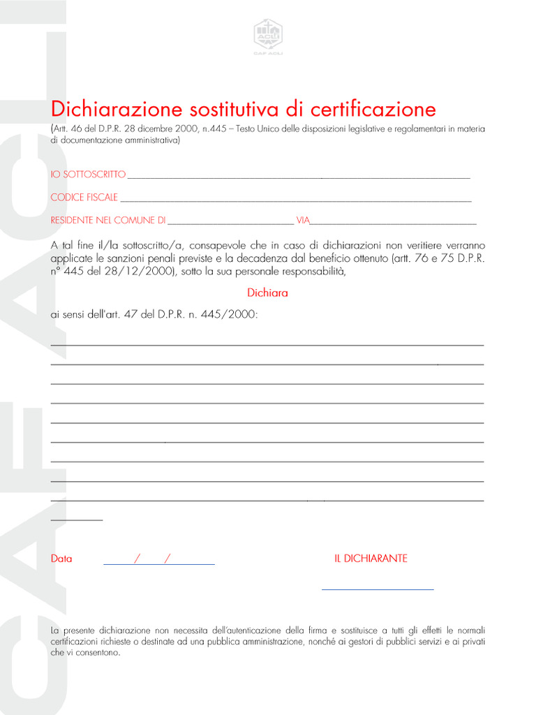 2023 Autocertificazione Generica | PDF