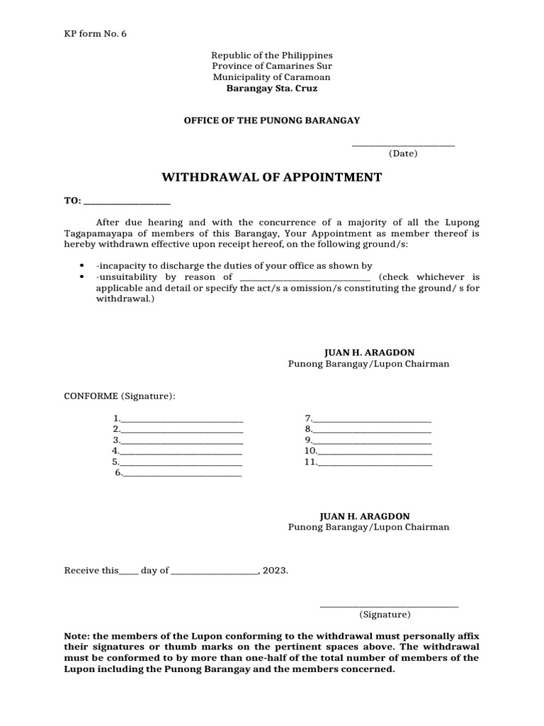 KP Form No 6 Withdrawal of Appointment | PDF