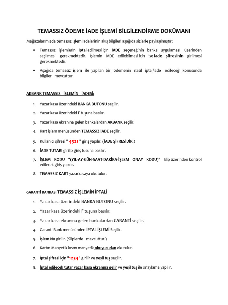 EK10 - Temassız Ödeme İade İşlem Akışı | PDF