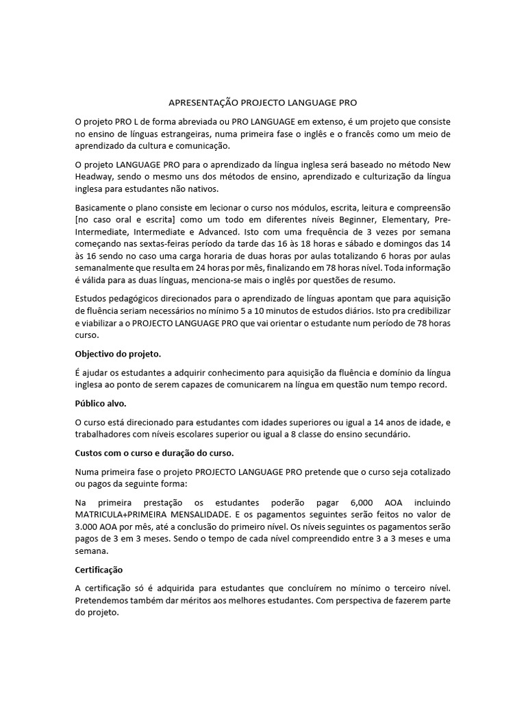 APRESENTAÇAO PROJECTO LANGUAGE PRO Mr. LION | PDF