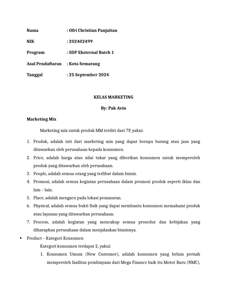 Resume Kelas Marketing - Ofri Christian Panjaitan - SDP Eksternal Batch I | PDF