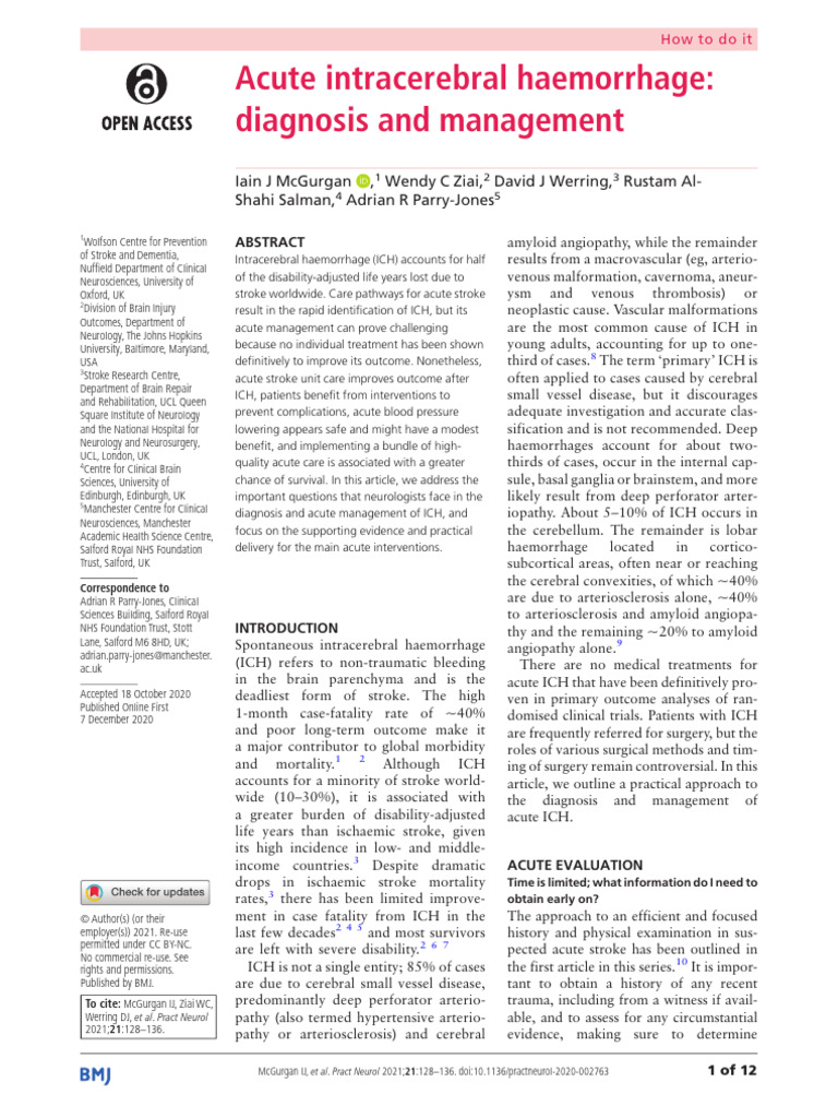 Acute Intracerebral Haemorrhage: Diagnosis and Management | PDF