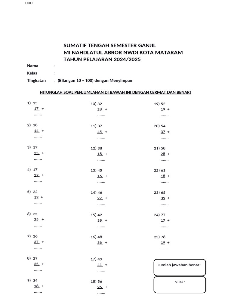 Soal Penjumlahan Bersusun Pendek Level 2 Lembar C | PDF