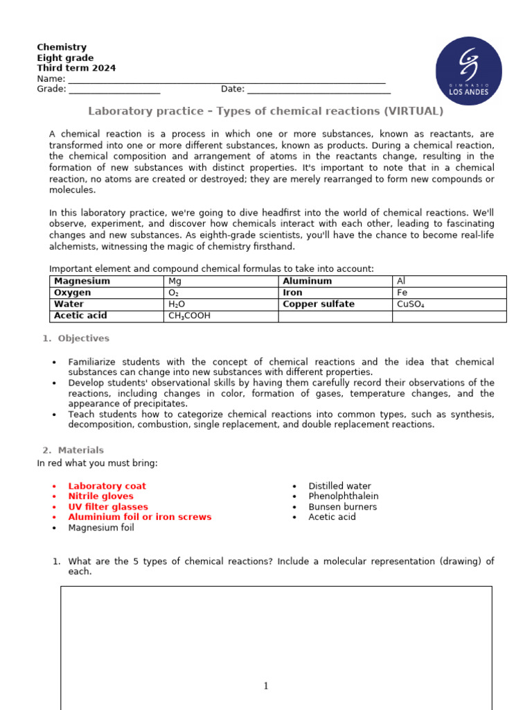 Virtual Laboratory Practice 1 - Types of Chemical Reactions | PDF