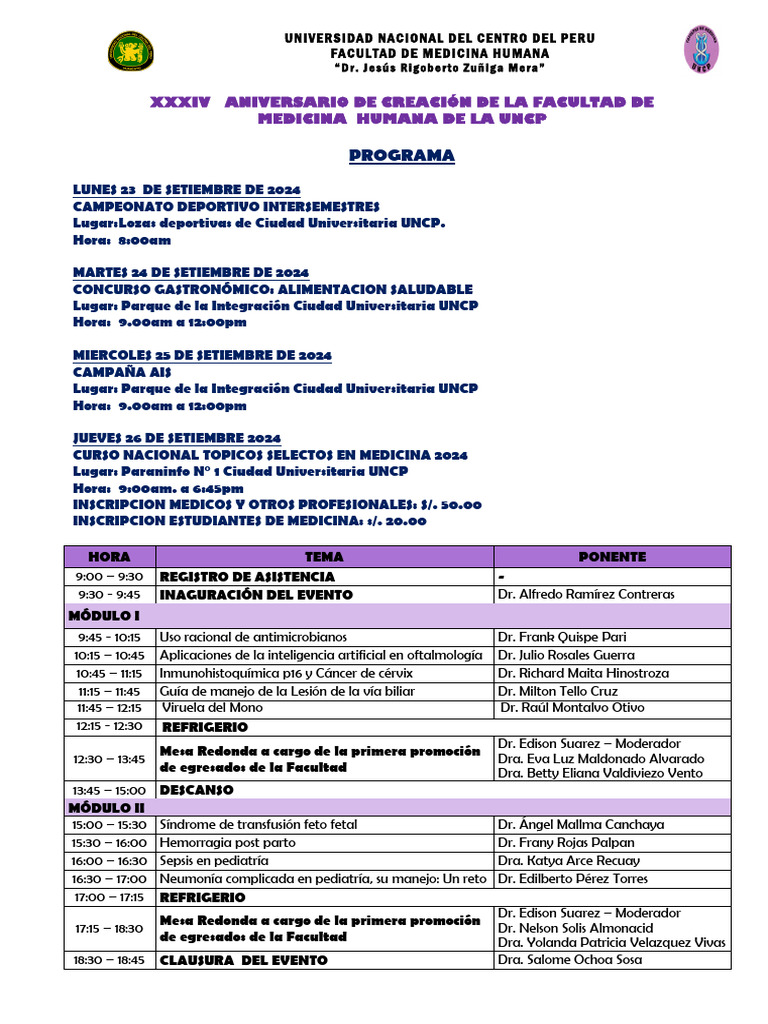 Programa General de Aniversario Medicina Humana | PDF