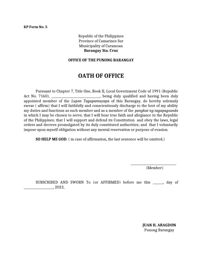KP Form No 5 LUPON OATH OF OFFICE | PDF