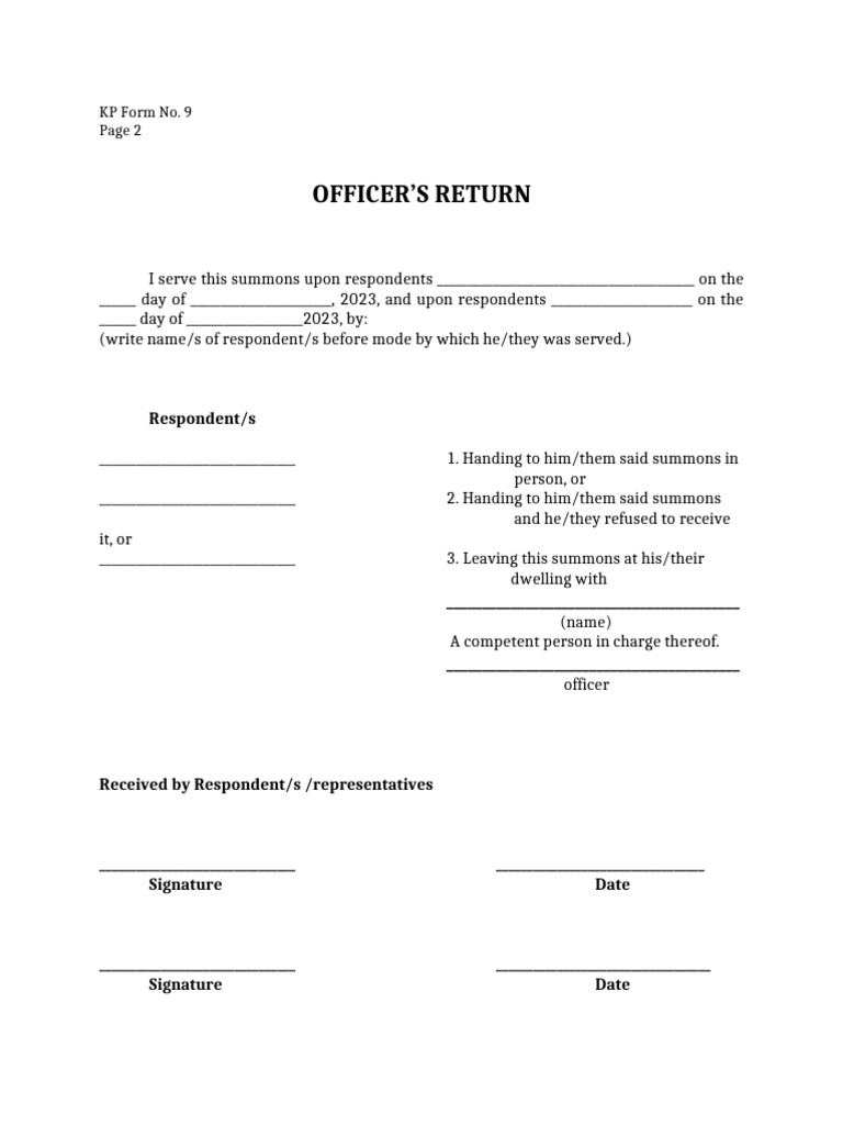 KP Form No 9 PAGE 2 OFFICERS RETURN | PDF