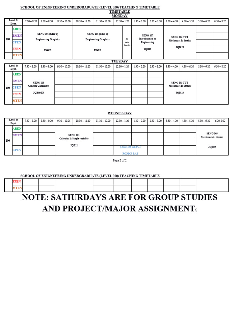 FINAL - LEVEL 100 - Teaching - SES Timetable (FINAL) | PDF