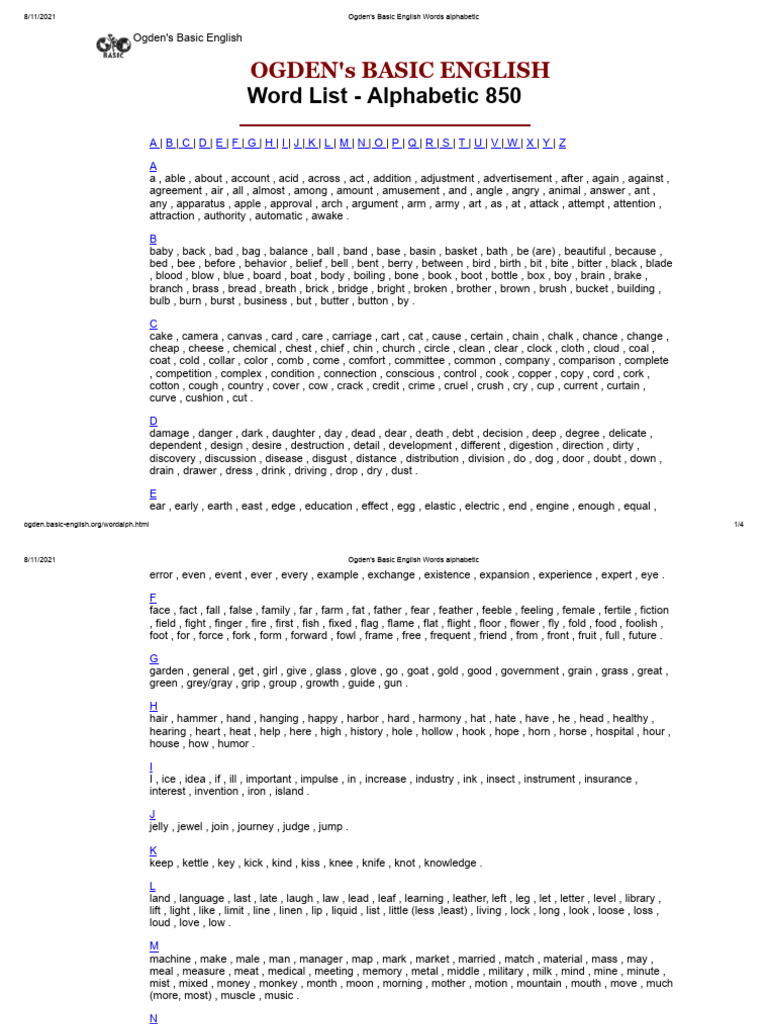 Ogden's Basic English Words List Alphabetic | PDF