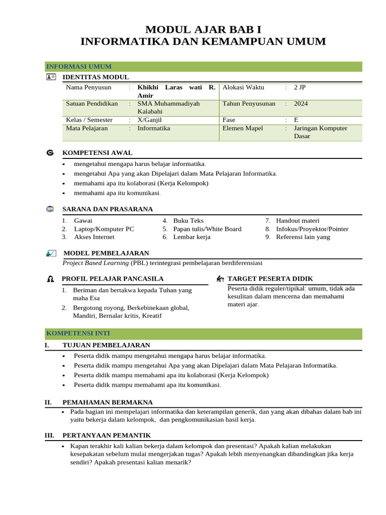Modul Informatika Kelas X Kurikulum Merdeka | PDF
