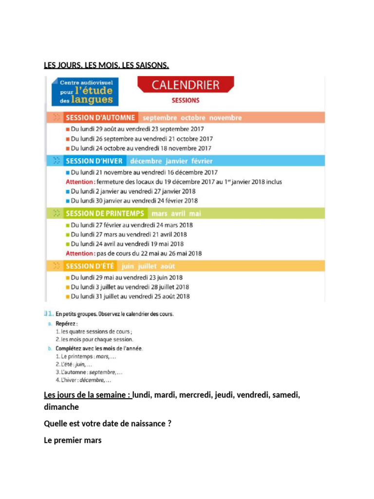 Jours, Mois et Saisons : Guide Simple | PDF