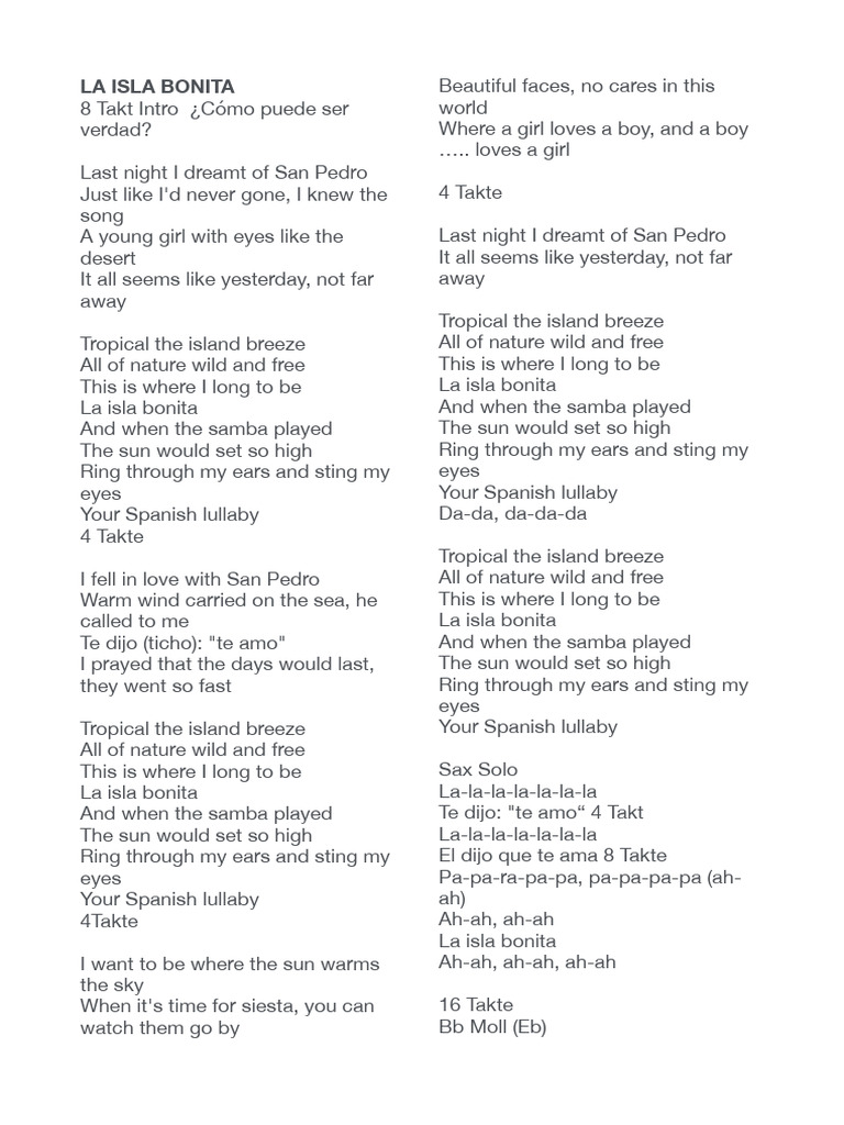 La Isla Bonita Lyrics | PDF